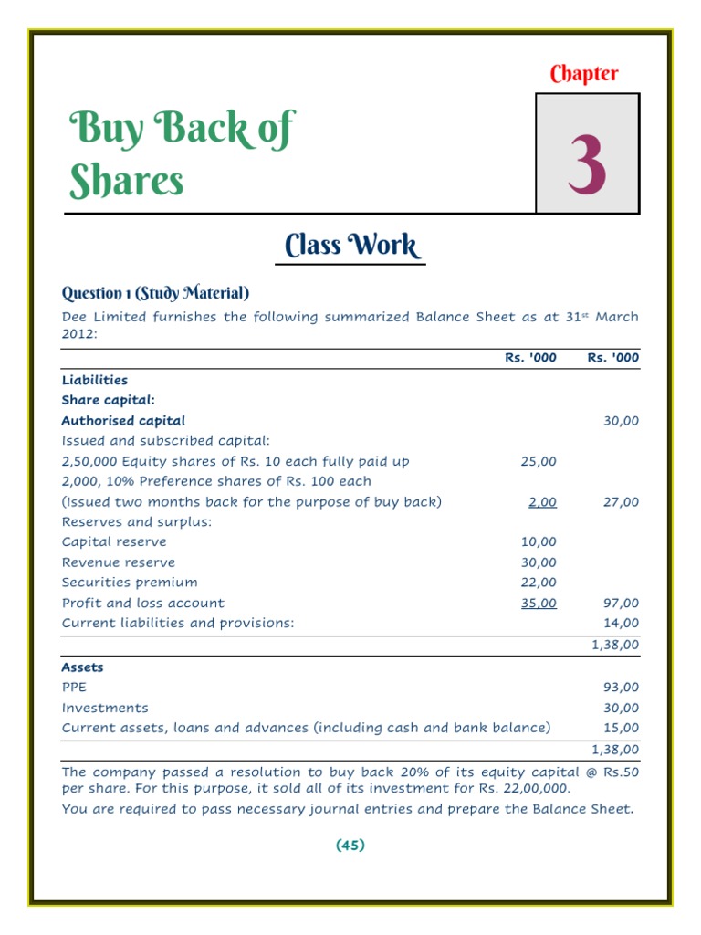 Buy Back of Shares: Class Work | PDF | Equity (Finance) | Balance Sheet