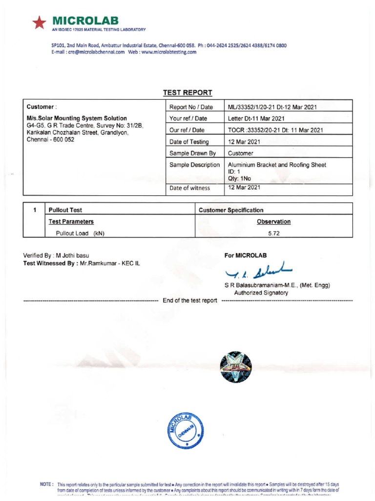 Microlab, Chennai - Pullout Report - Ssb6 | PDF