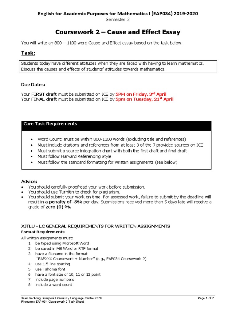 Coursework 2 - Cause and Effect Essay: English For Academic Purposes ...