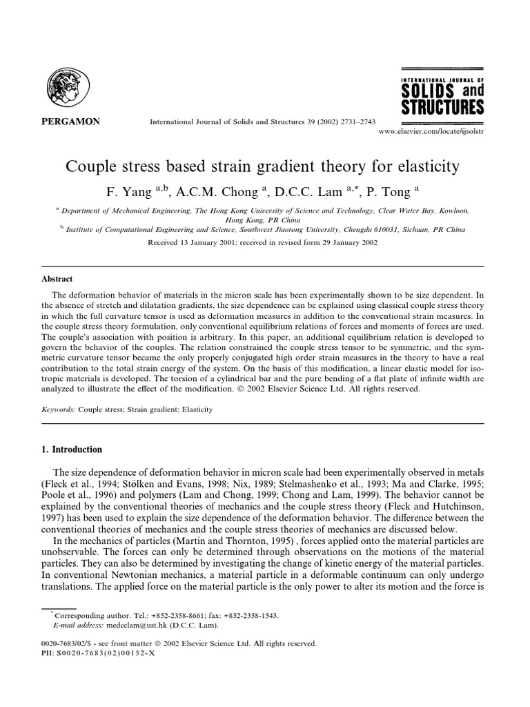 Couple Stress Based Strain Gradient Theory For Elasticity - Yang, Chong, Lam, Tong - 2002, 13s ...