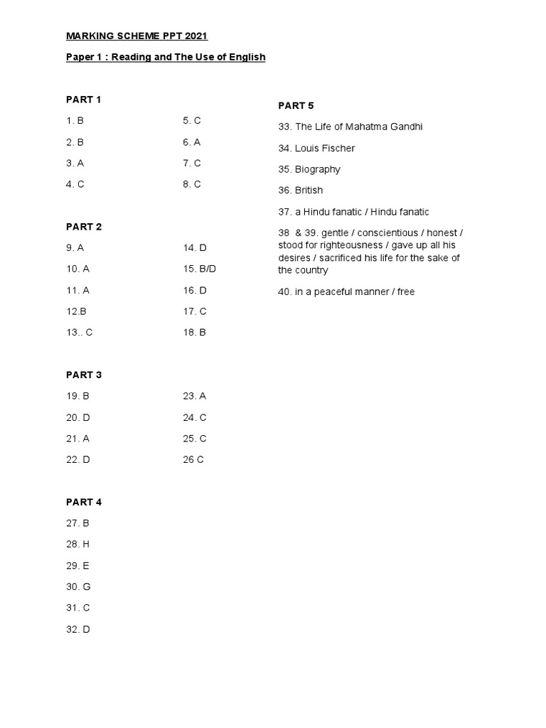 Marking Scheme PPT Reading SPM 2021 | PDF