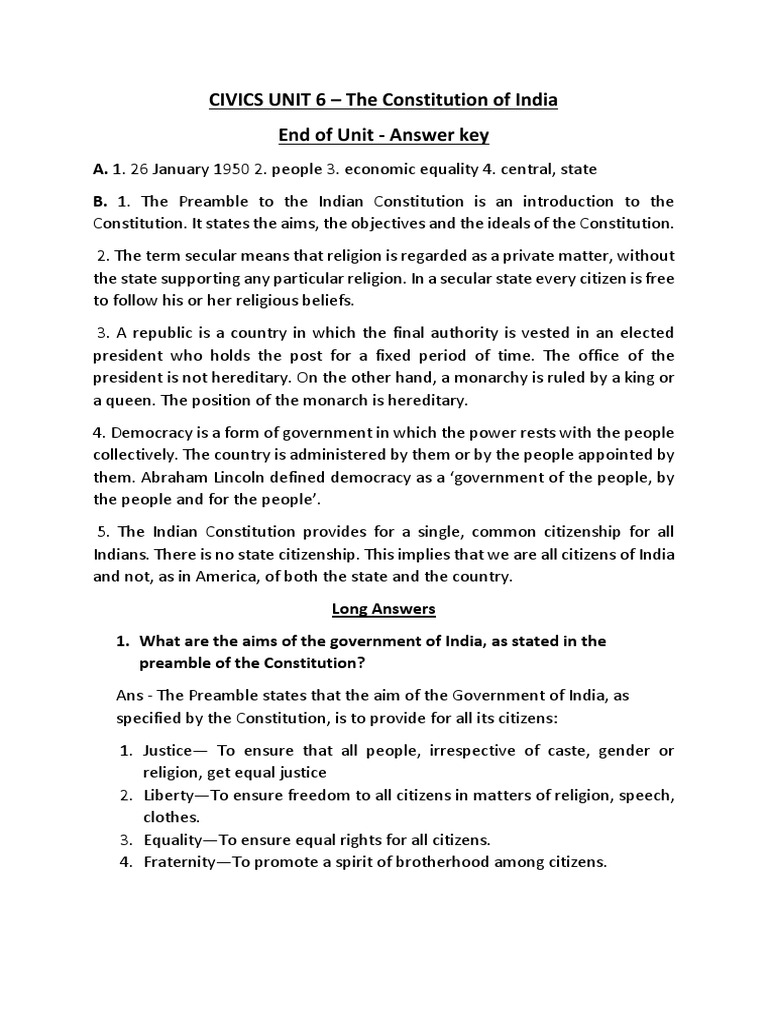 CIVICS UNIT 13 - The Constitution of India - End of Unit Exercise - KEY ...
