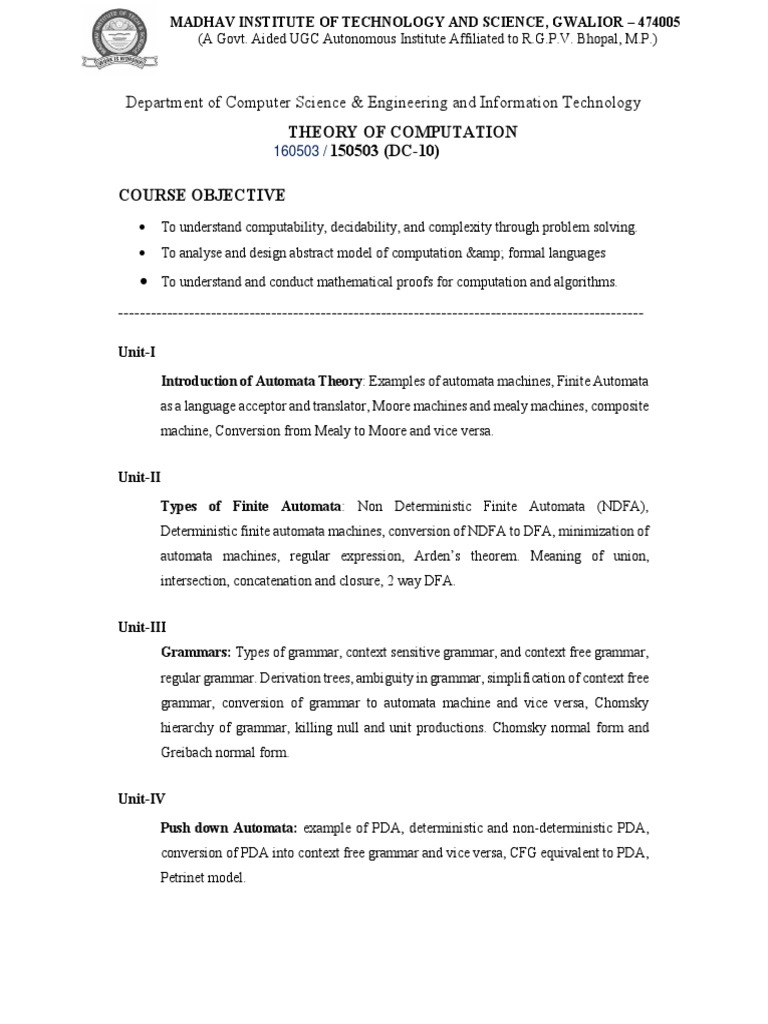 Department Of Computer Science And Engineering And Information Technology Theory Of Computation