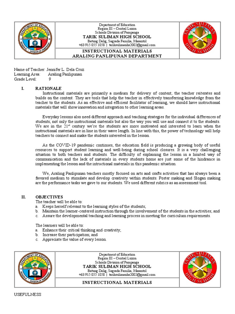 Instructional Materials Araling Panlipunan Department: Tarik Suliman ...