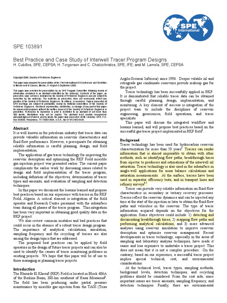 SPE 103891 Best Practice and Case Study of Interwell Tracer Program Designs | Download Free PDF ...