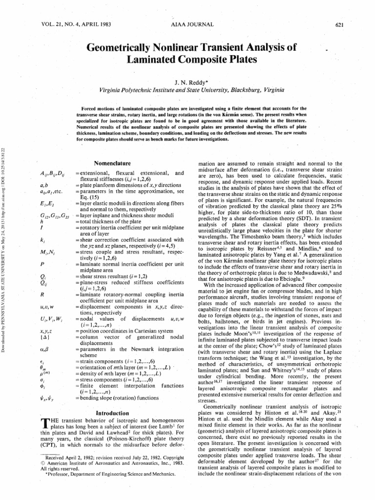 J N Reddy 1983 Geometrically Nonlinear Transient Analysis Of Laminated Composite Plates 