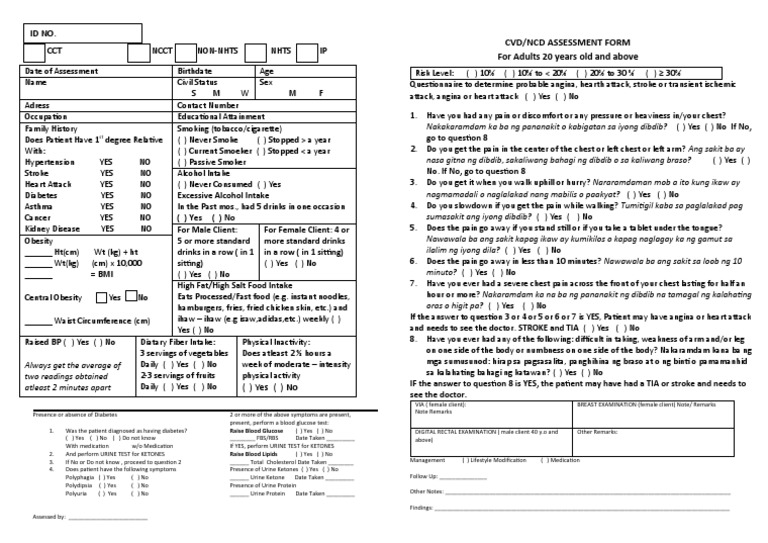 Id No.: CVD/NCD Assessment Form For Adults 20 Years Old and Above | PDF ...