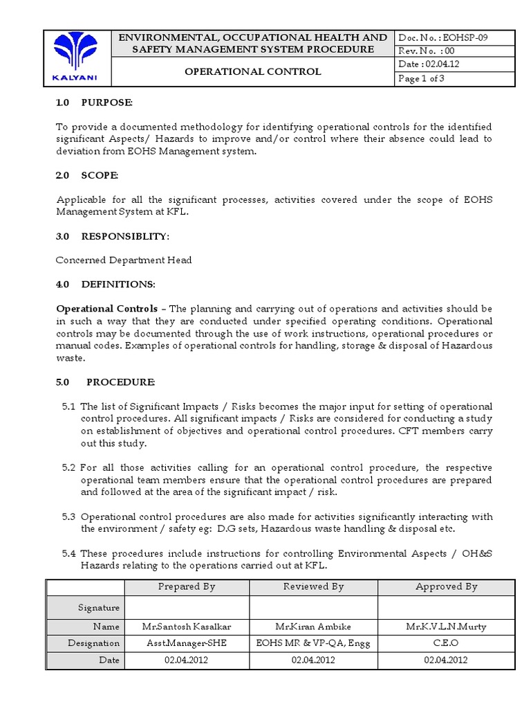 EOHSP 09 Operational Control Procedure | PDF | Risk | Occupational ...