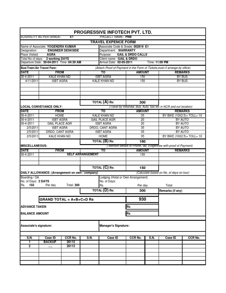 Progressive Infotech Pvt. LTD.: Travel Expence Form | PDF