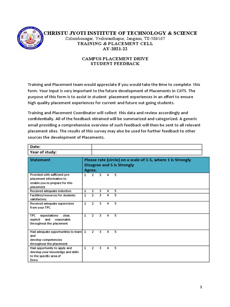 Student Placement Feedback Form | PDF