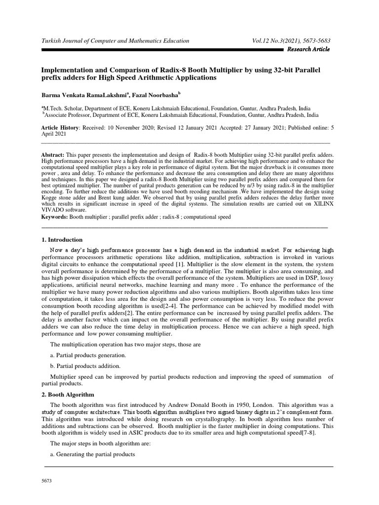 Implementation and Comparison of Radix-8 Booth Multiplier by Using 32-Bit Parallel Prefix Adders ...