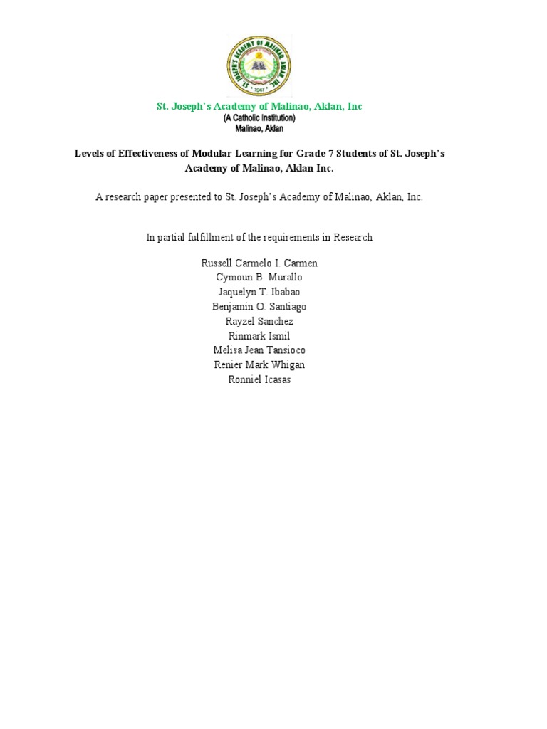 Levels of Effectiveness of Modular Learning For Grade 7 Students of St ...
