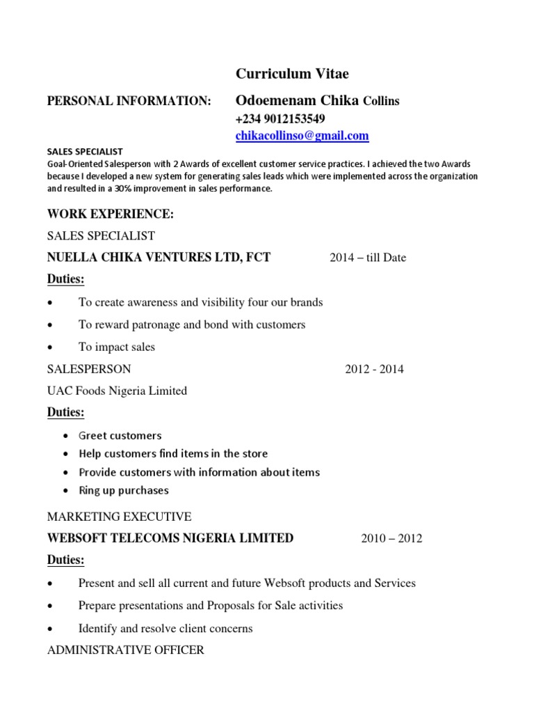 Curriculum Vitae Odoemenam Chika: Personal Information: Collins +234 9012153549 | PDF | Sales ...