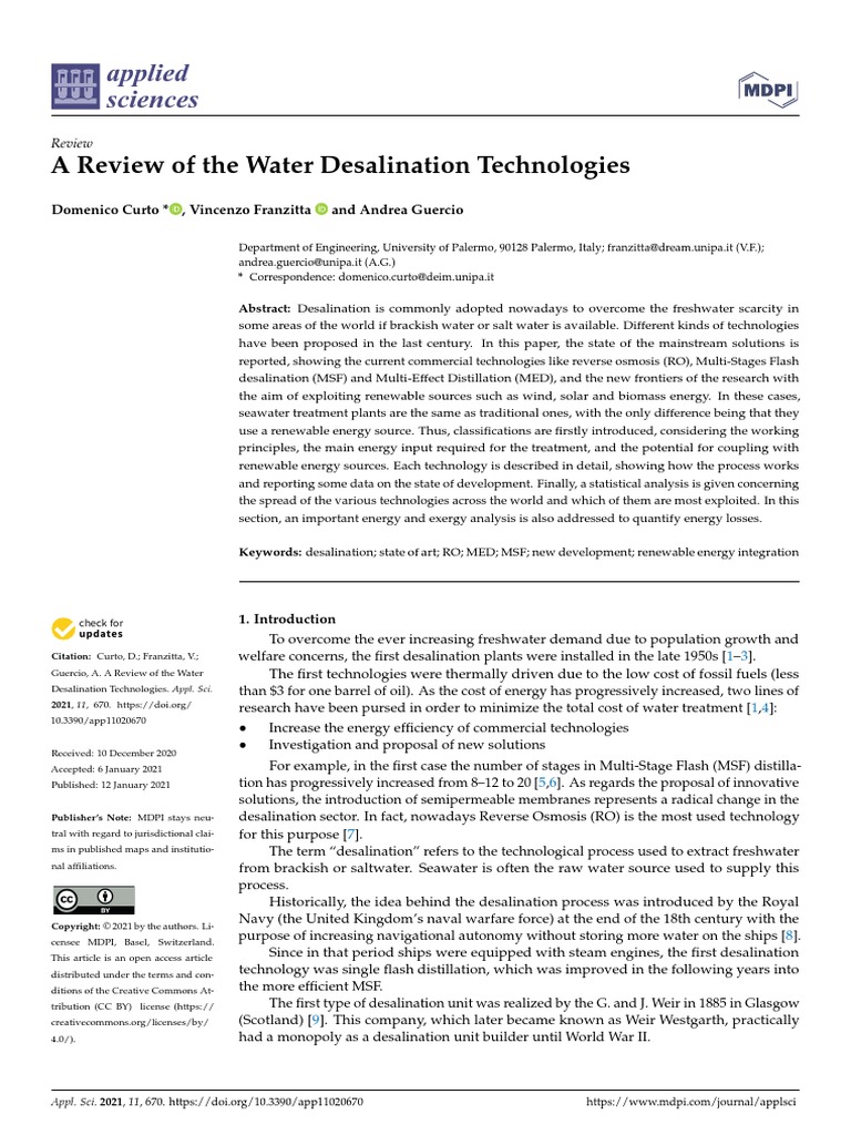 Applied Sciences: A Review of The Water Desalination Technologies | PDF