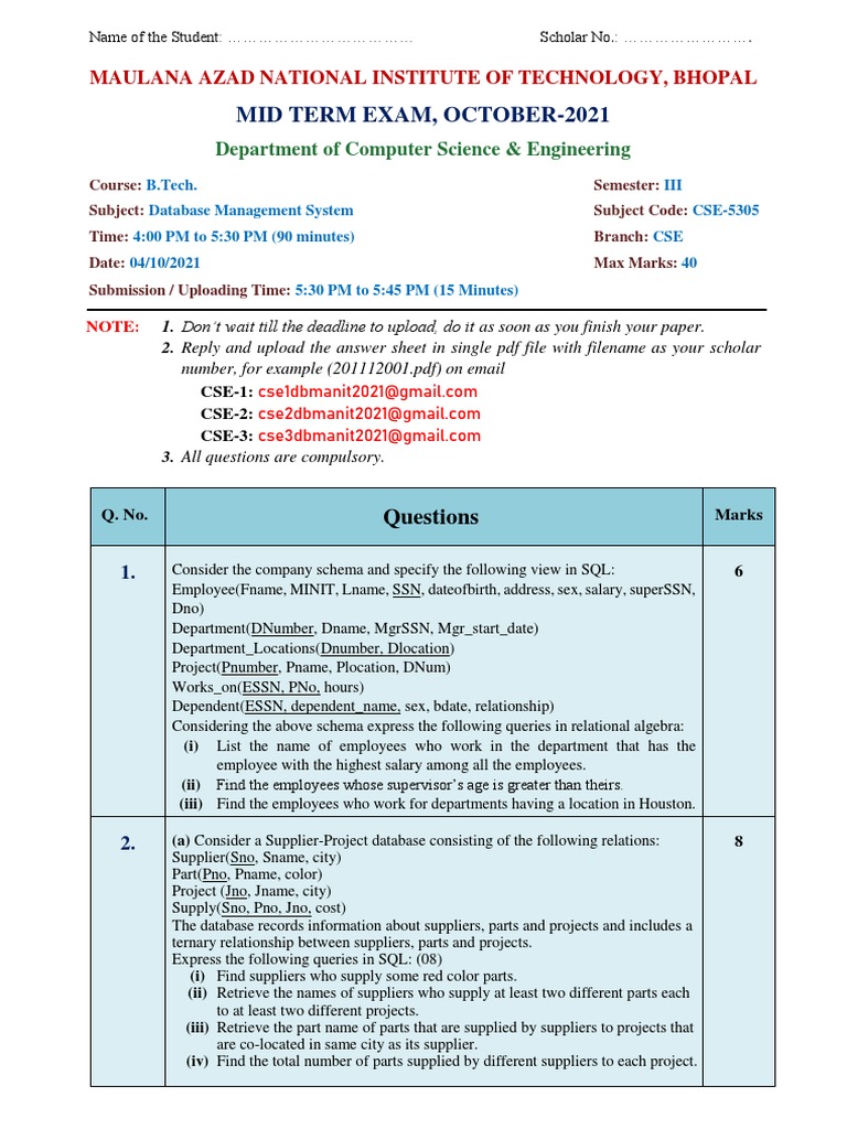 Mid Term Exam, October-2021: Department of Computer Science & Engineering | Download Free PDF ...
