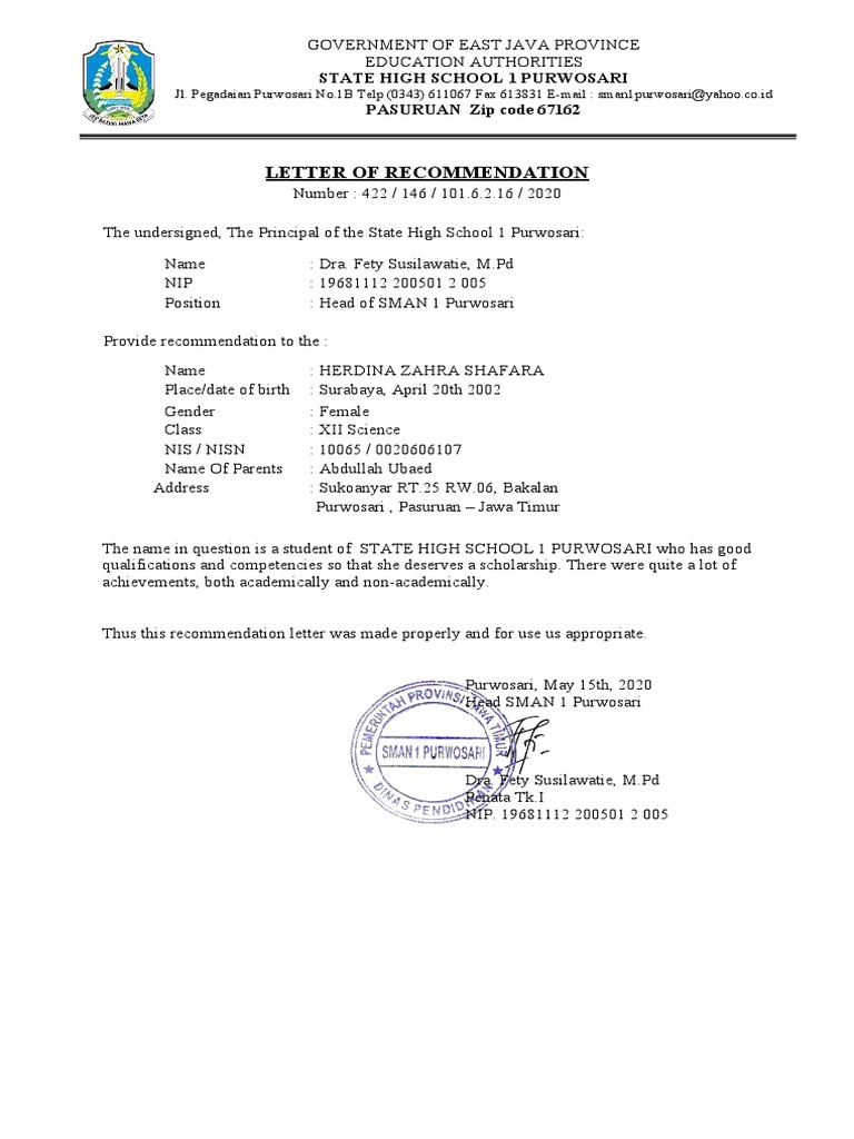 Surat Rekomendasi Beasiswa Siswa | PDF