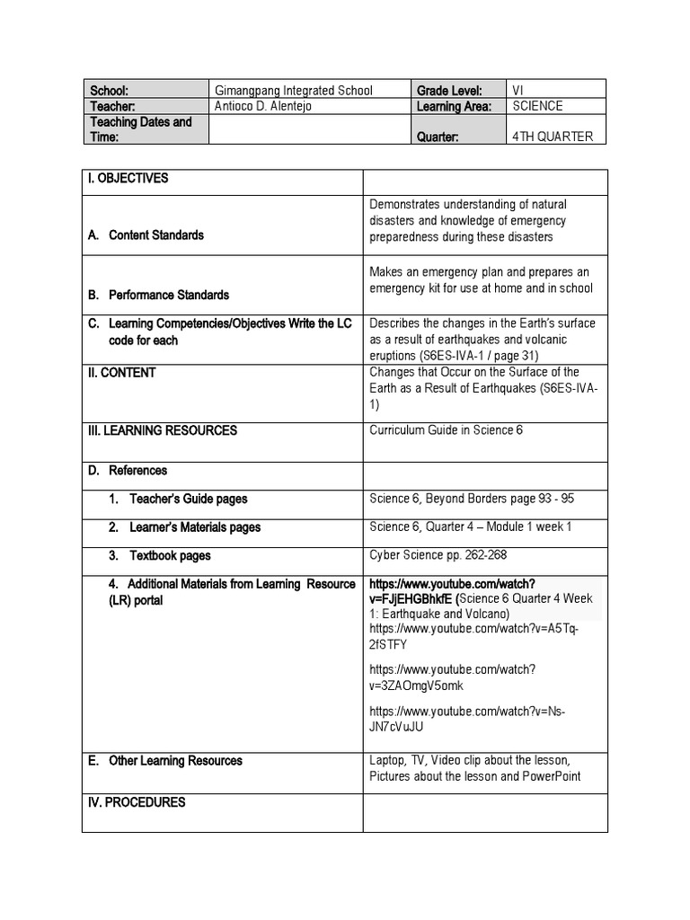 DLP in Science 6 | PDF | Volcano | Earthquakes