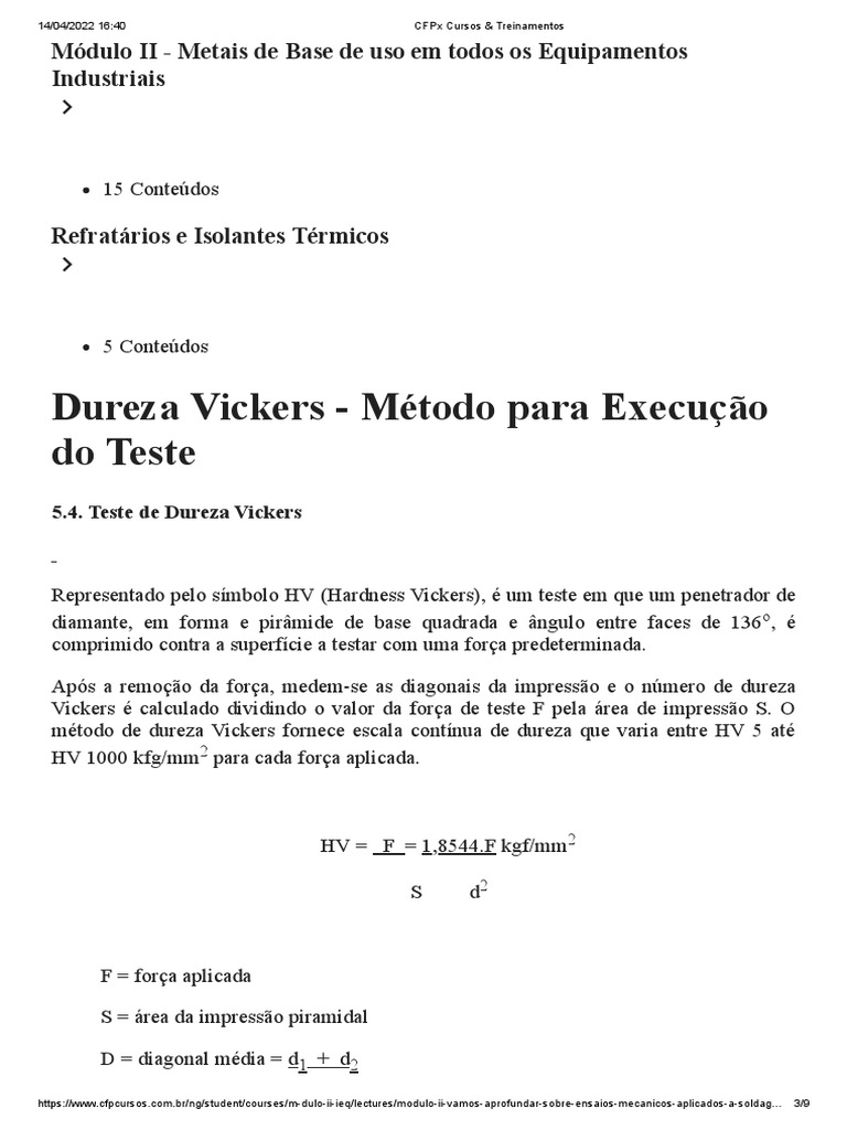 Dureza Vickers - Método para Execução Do Teste | Download grátis PDF ...