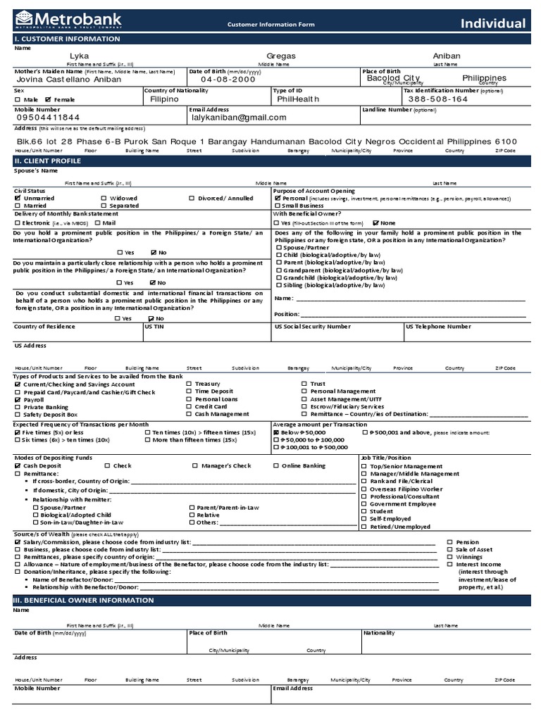 Customer Information Form for Banking | PDF | Banks | Credit Card