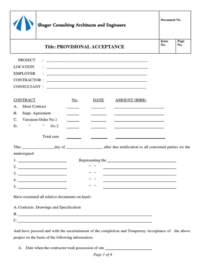Sample Provisional Acceptance Sheger | PDF | Architect | Government