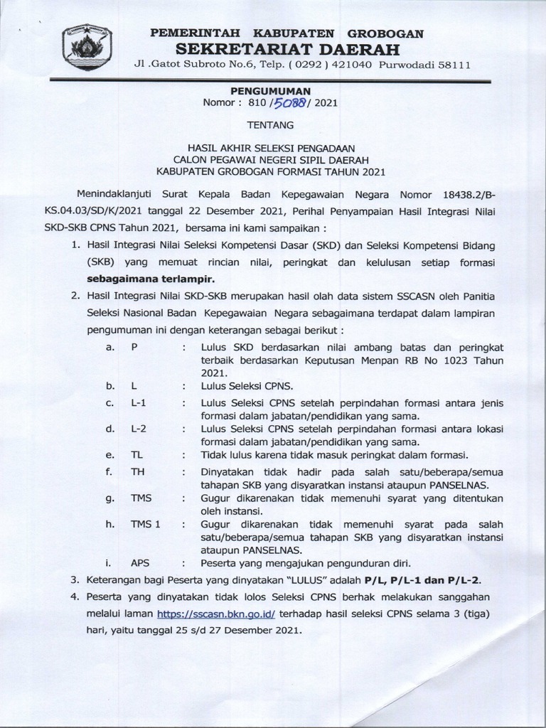 Pengumuman Tahap Akhir CPNS Grobogan 2021 | PDF
