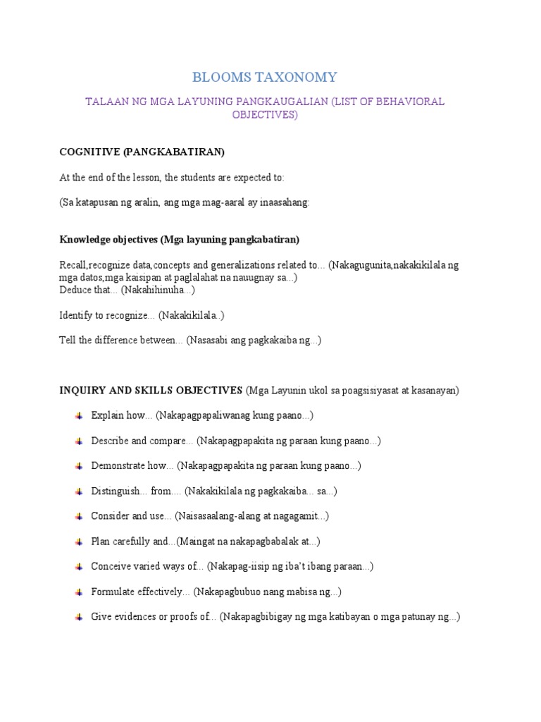 Blooms Taxonomy (Tagalog) | PDF