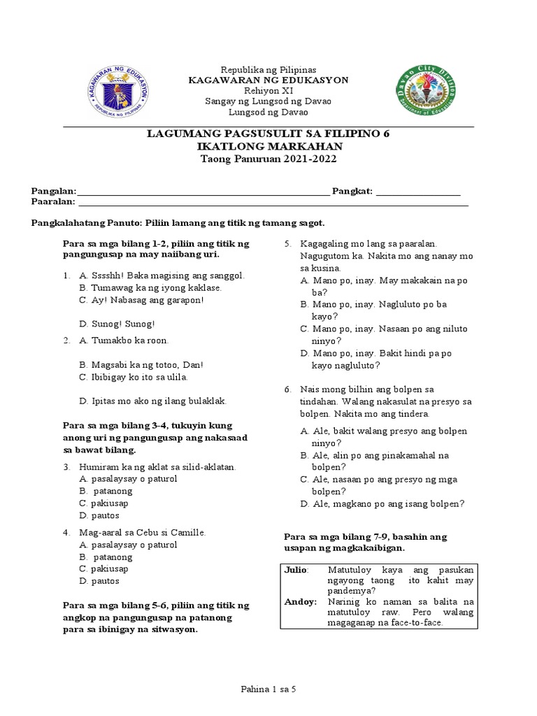 3q Filipino 6 Lagumang Pagsusulit | PDF