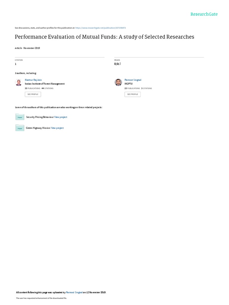 Performance Evaluation of Mutual Funds | PDF | Investment Fund ...