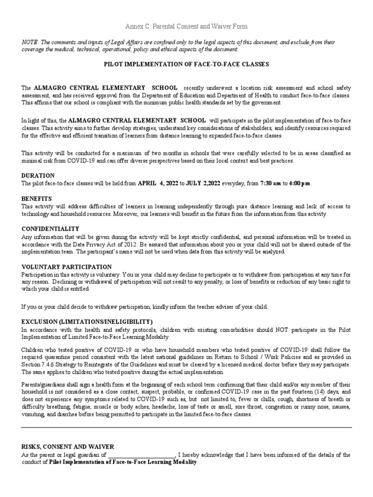 F2F Classes Parental Consent and Waiver Form | PDF | Diseases And Disorders | Clinical Medicine