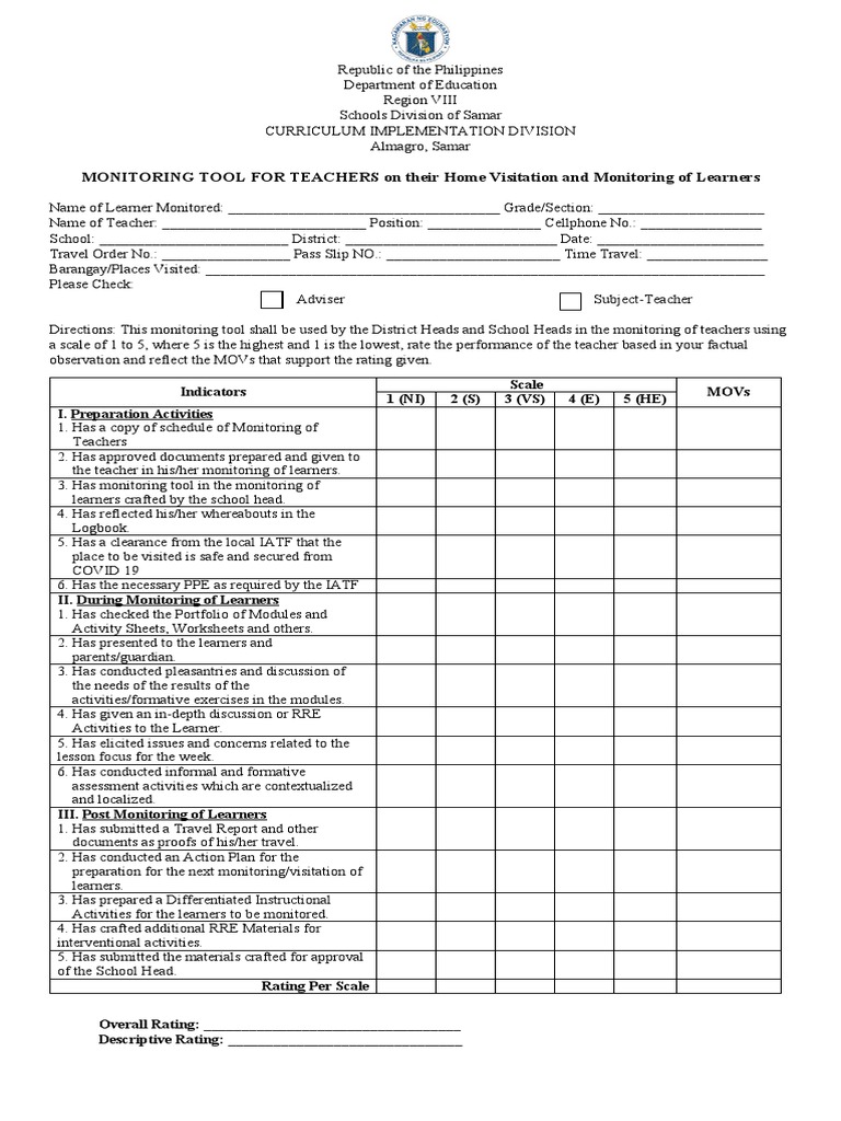 MONITORING TOOL For TEACHERS On Their Home Visitation and Monitoring of ...