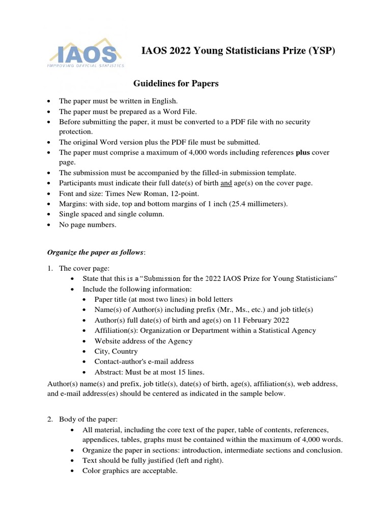 IAOS 2022 Young Statisticians Prize (YSP) : Guidelines For Papers | PDF ...