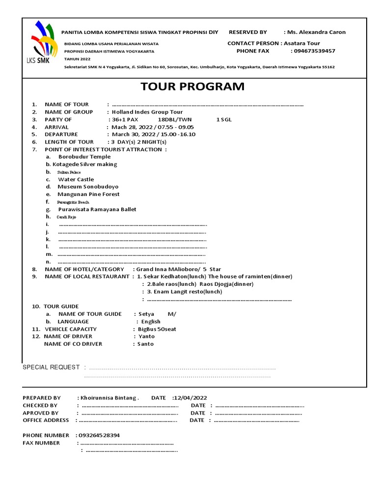 Form Tour Planning - Lks Upw | PDF