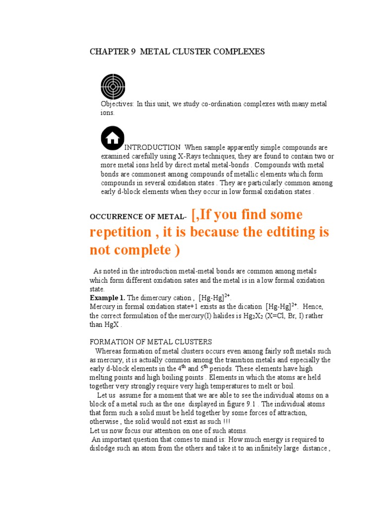 METAL CLUSTER COMPLEXES | PDF | Coordination Complex | Ion