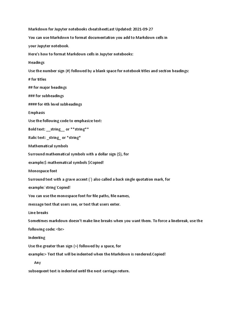 Markdown For Jupyter Notebooks Cheatsheet Pdf Software Typography