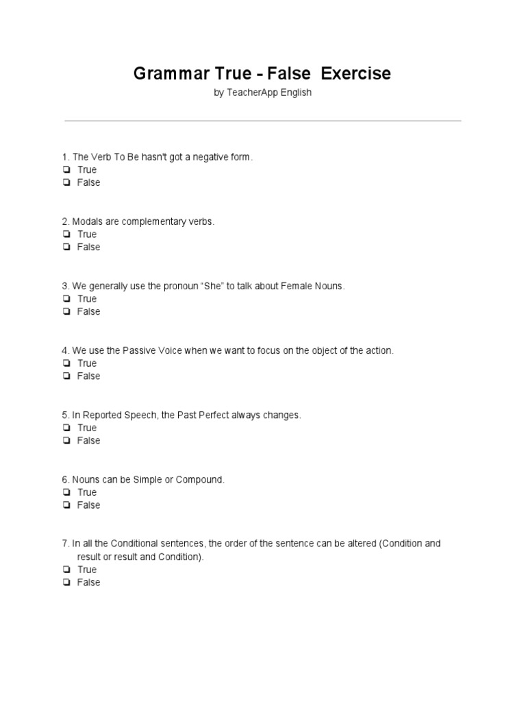 Grammar True - False Exercise | PDF