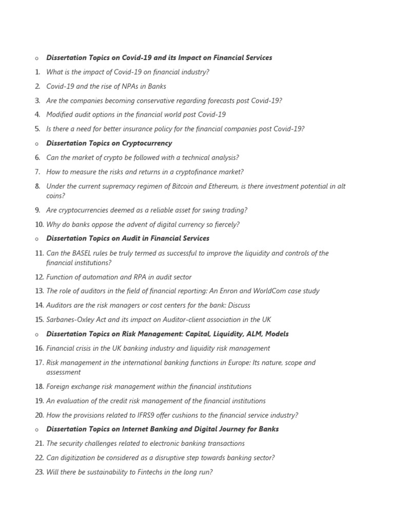 Finance Dissertation Topics Overview | PDF | Banks | Microfinance