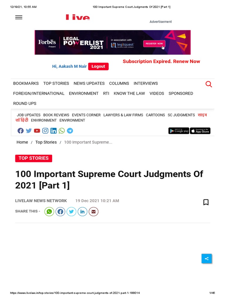 100 Important Supreme Court Judgments of 2021 (Part 1) | PDF | Supreme Court Of India | Bankruptcy
