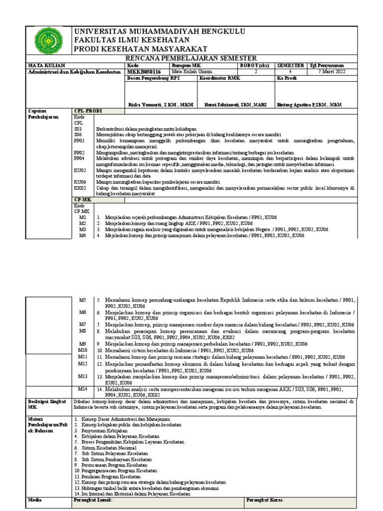 RPS Administrasi Kebijakan Kesehatan 20212 | PDF