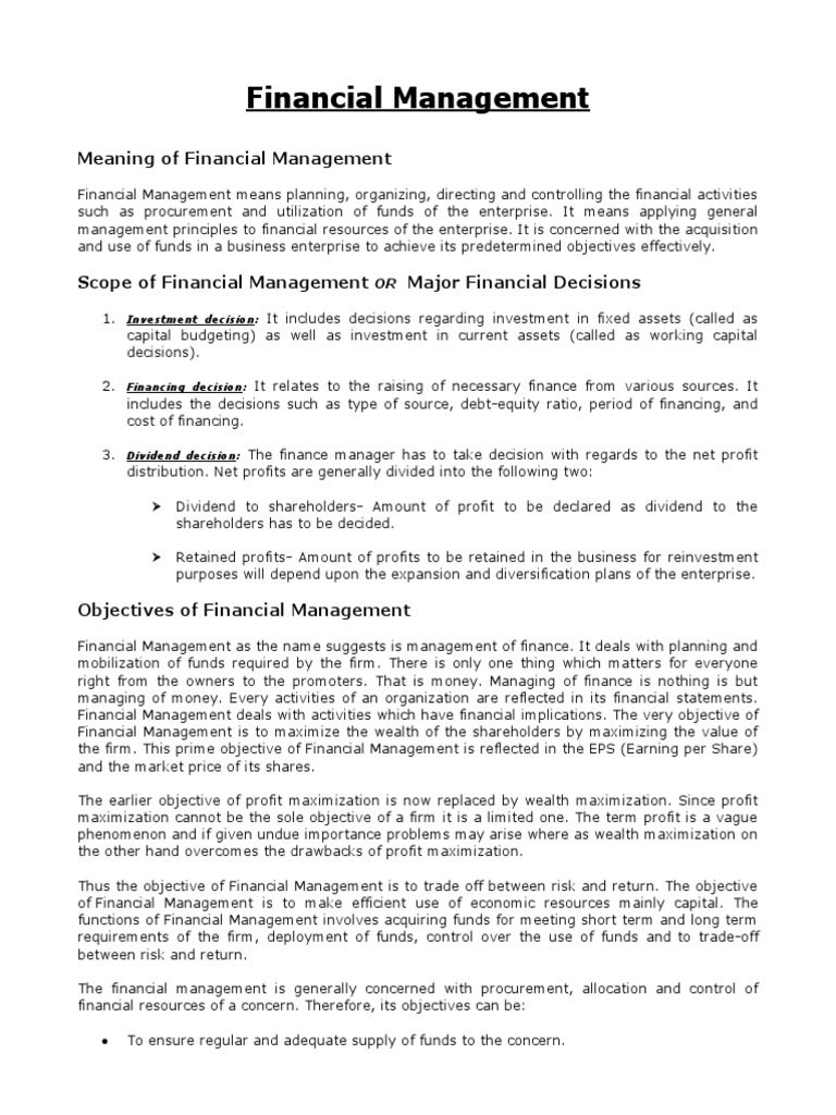 Meaning, Scope & Objectives of Financial Management | PDF | Economics ...