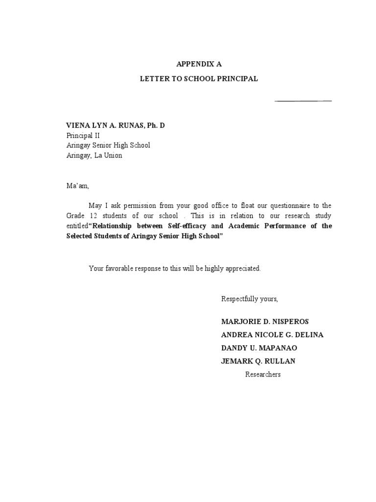 Appendix A Letter To School Principal | PDF