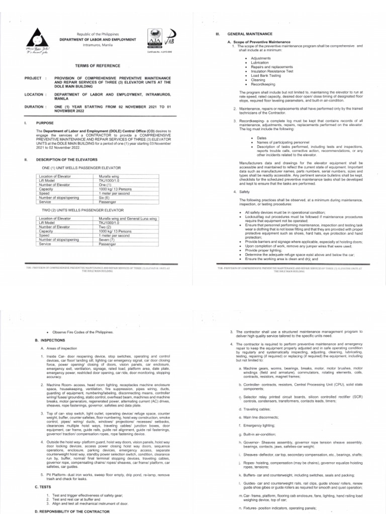 Operation and Maintenance Contract Services (Elevator) | PDF | Elevator ...