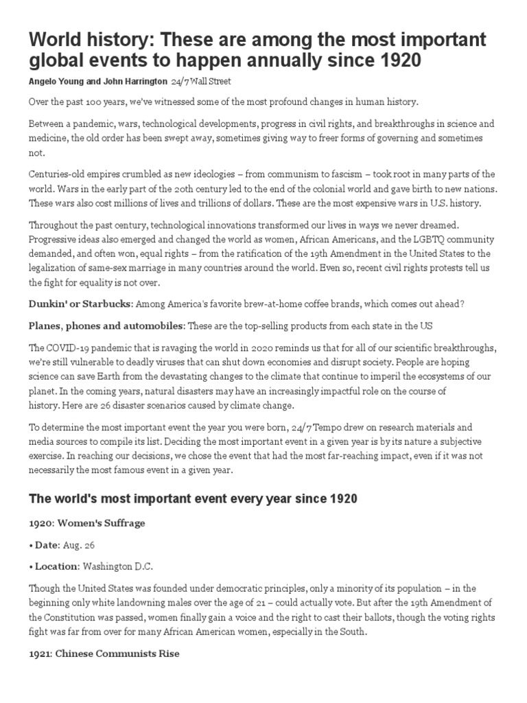 History - The World's Most Important Event Every Year Since 1920 | PDF