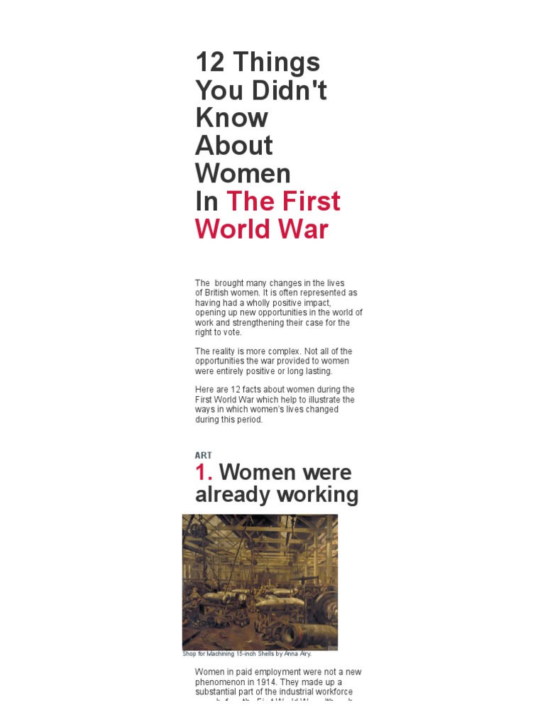 Women’s Lives During WW1: 12 Facts | PDF | Suffragette | Emmeline Pankhurst