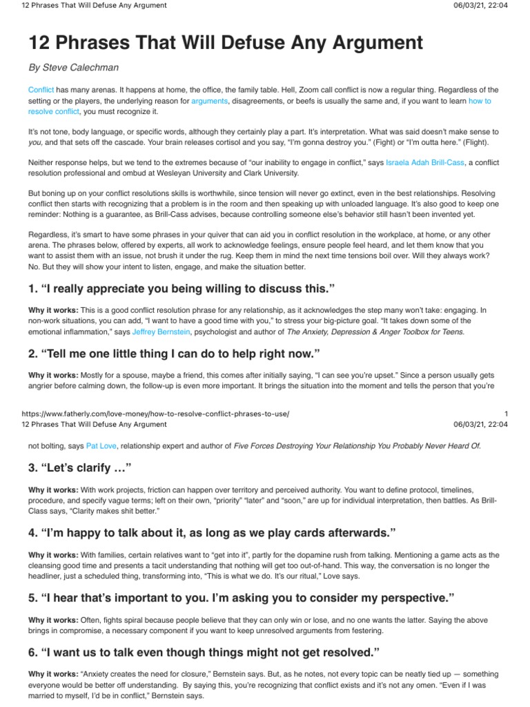 12 Phrases That Will Defuse Any Argument | PDF | Conflict Resolution ...