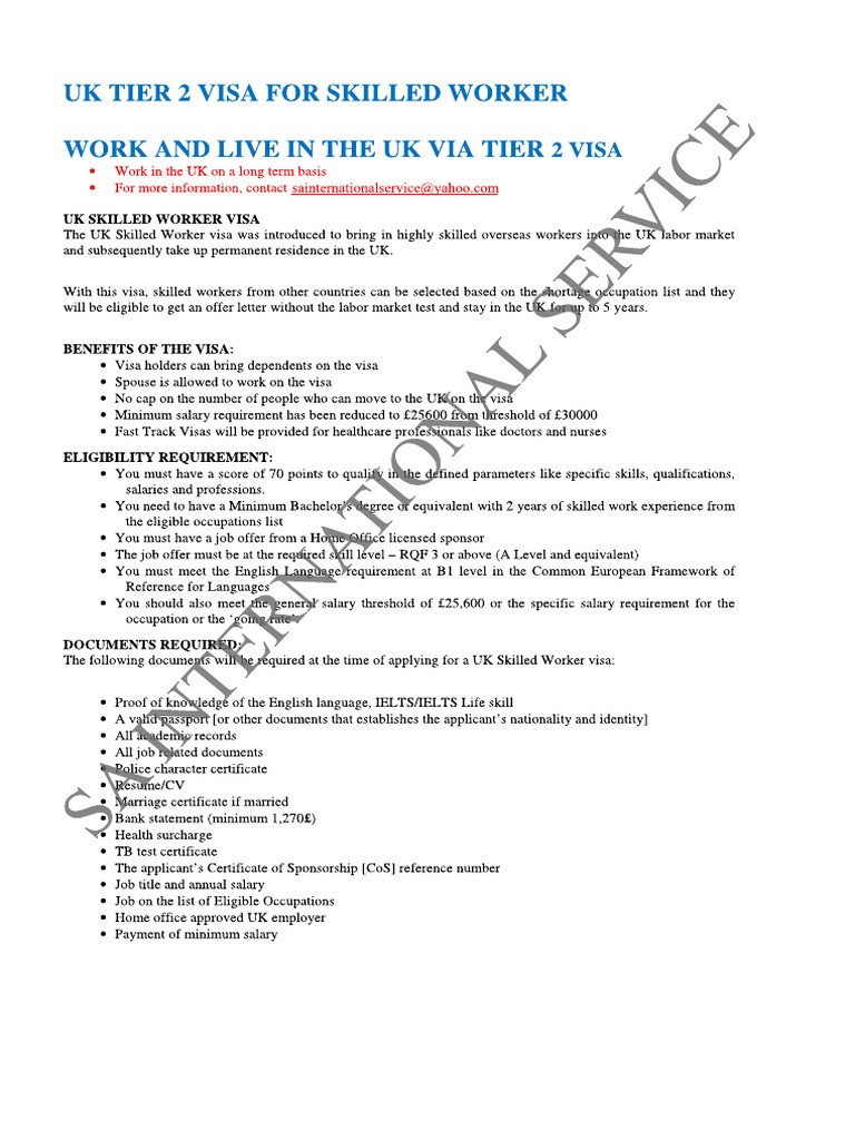 Uk Tier 2 Visa For Skilled Worker | PDF
