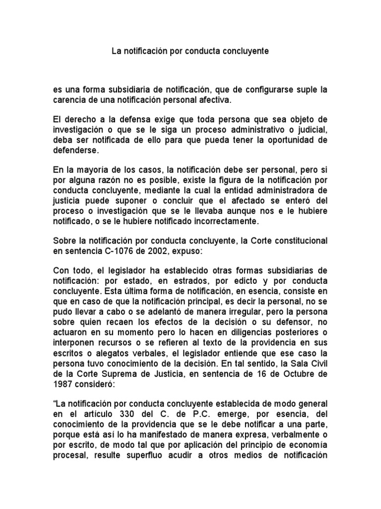 La Notificación Por Conducta Concluyente | PDF | Ley procesal ...