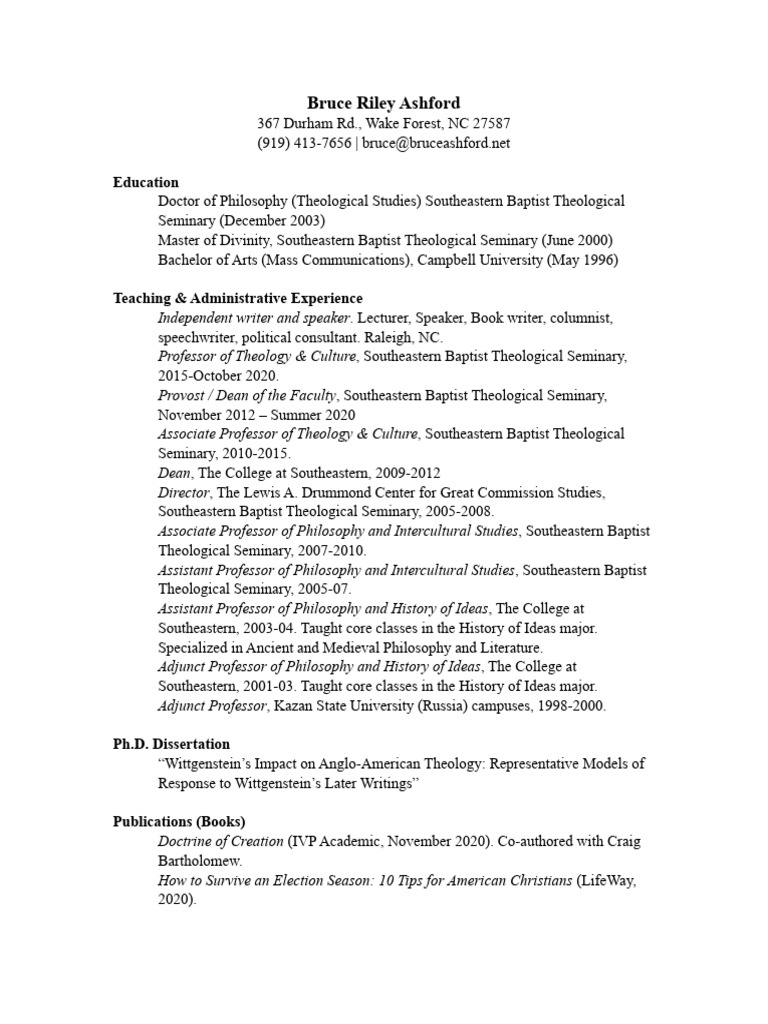 Dr. Bruce Riley Ashford's CV | PDF | Theology | Social Science
