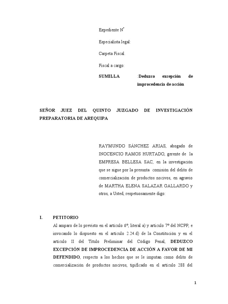 Modelo de Escrito Deduce Excepcion de Improcedencia de Accion | PDF | Procedimiento Criminal ...