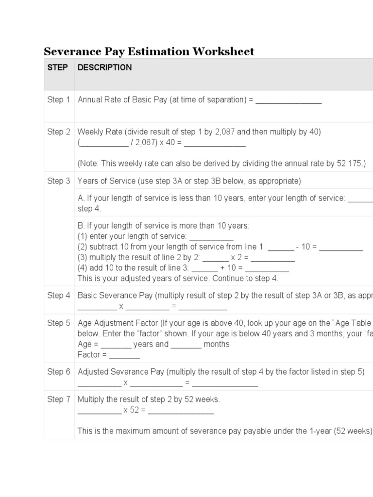 Severance Pay Estimation Worksheet | PDF | Multiplication