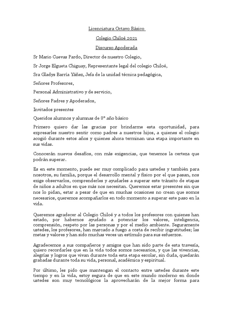 Discurso Apoderada 8°B Colegio Chiloé | PDF